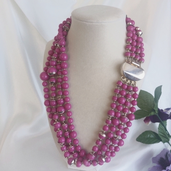 Talbots | Jewelry | Talbots Hot Pink Beaded Necklace Multi Strand Gold ...